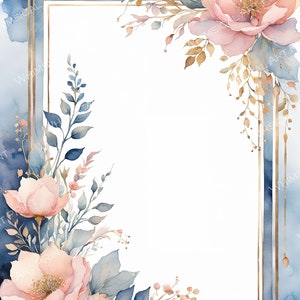 Watercolor Pink and Blue Pastel Border Digital Paper, Botanical Frame ...