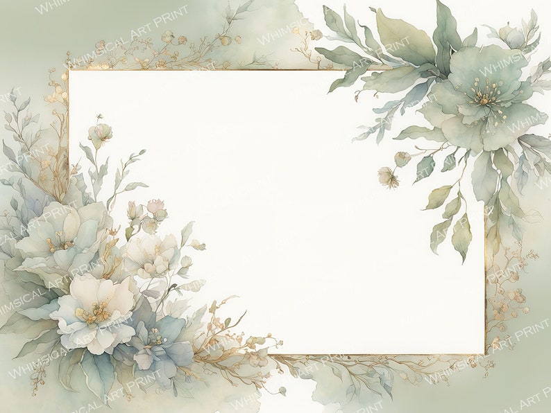 Calming Sage Watercolor Floral Frame Digital Paper Pack, Soft Sage ...