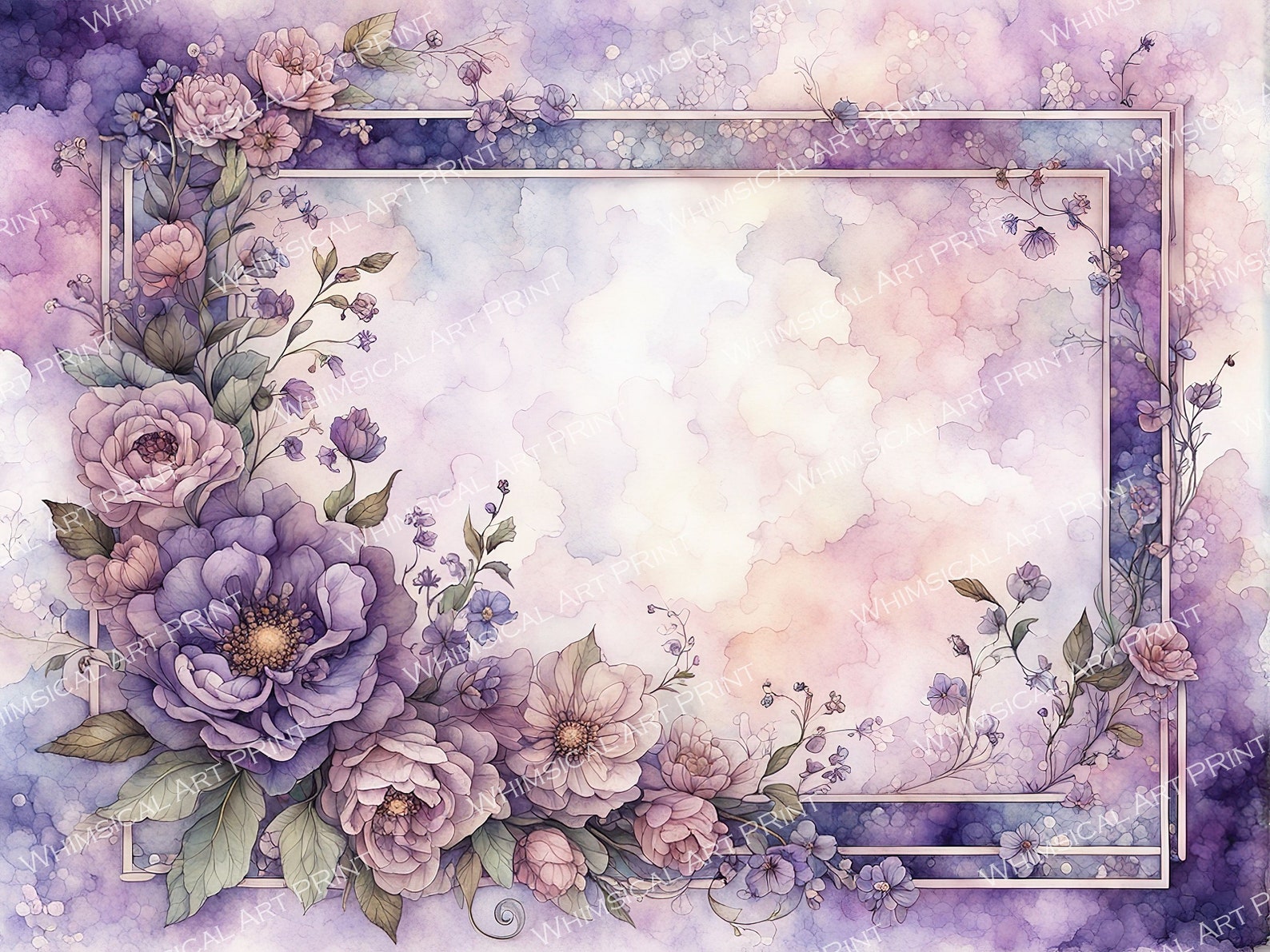Lilac Floral Frame Digital Paper Pack: Watercolor Violet Backgrounds ...