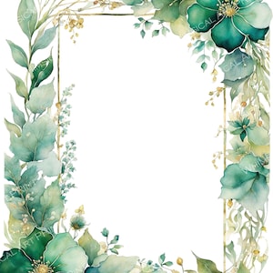 Emerald Green Floral Frame: Botanical Watercolor Art (10 Jpgs Digital ...