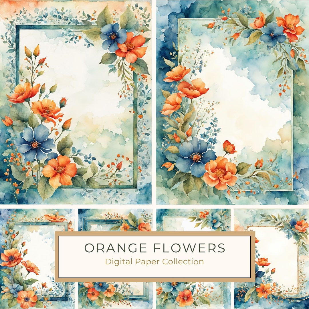 Watercolor Floral Frame Digital Paper: Orange Flowers, Blue Border (10 ...