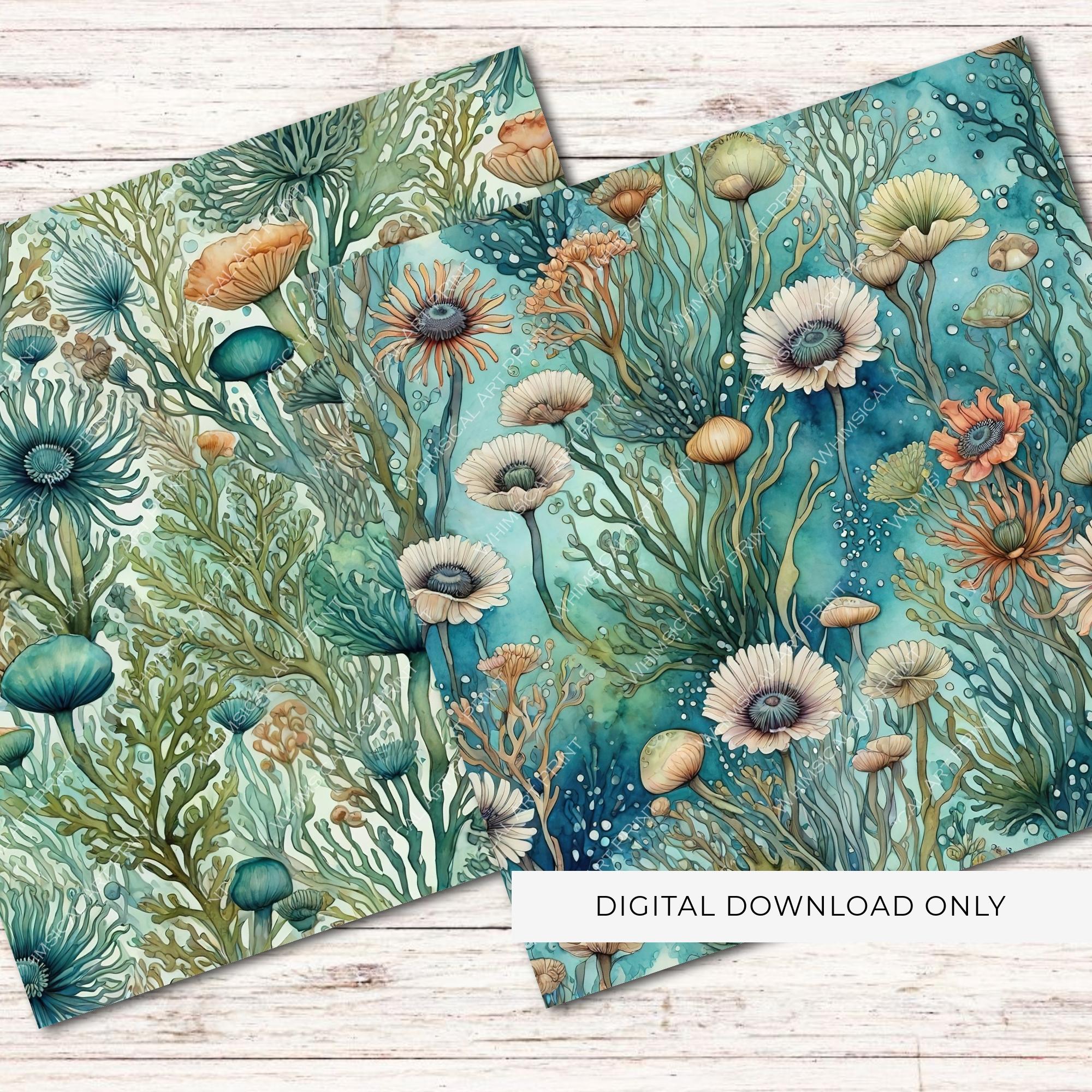 Watercolor Coral Digital Paper: Aqua Green Floral Elements (10 JPG ...