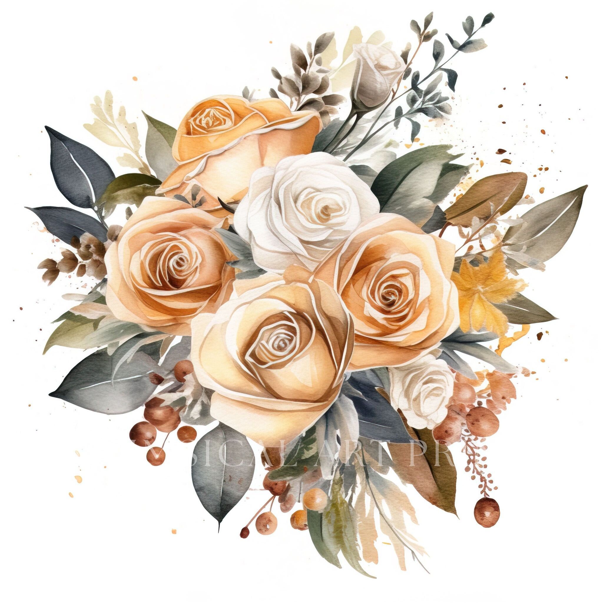 Rustic Roses Clipart, Watercolor Flowers, Ochre Beige Roses Bouquet ...