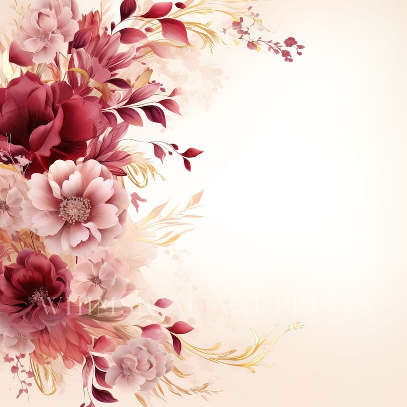 Maroon & Ivory Digital Paper, Floral Background Graphics, Watercolor ...