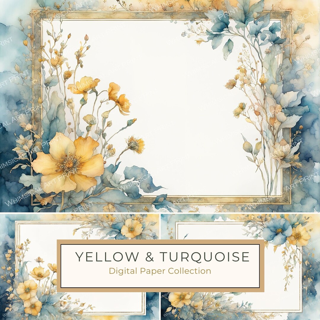 Watercolor Floral Frame Digital Paper Pack, Turquoise Yellow Mix, DIY ...