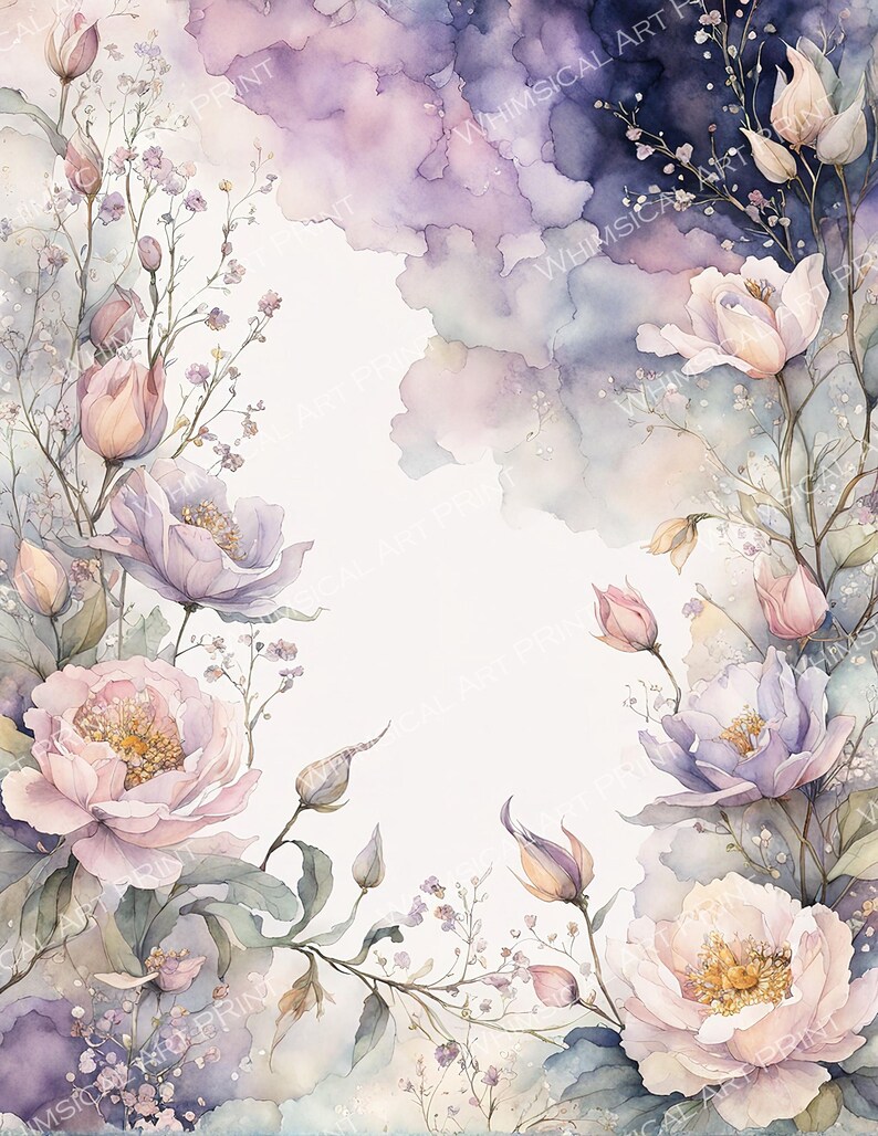 Watercolor Peony Floral Frames: Romantic Digital Paper (JPG, Commercial ...