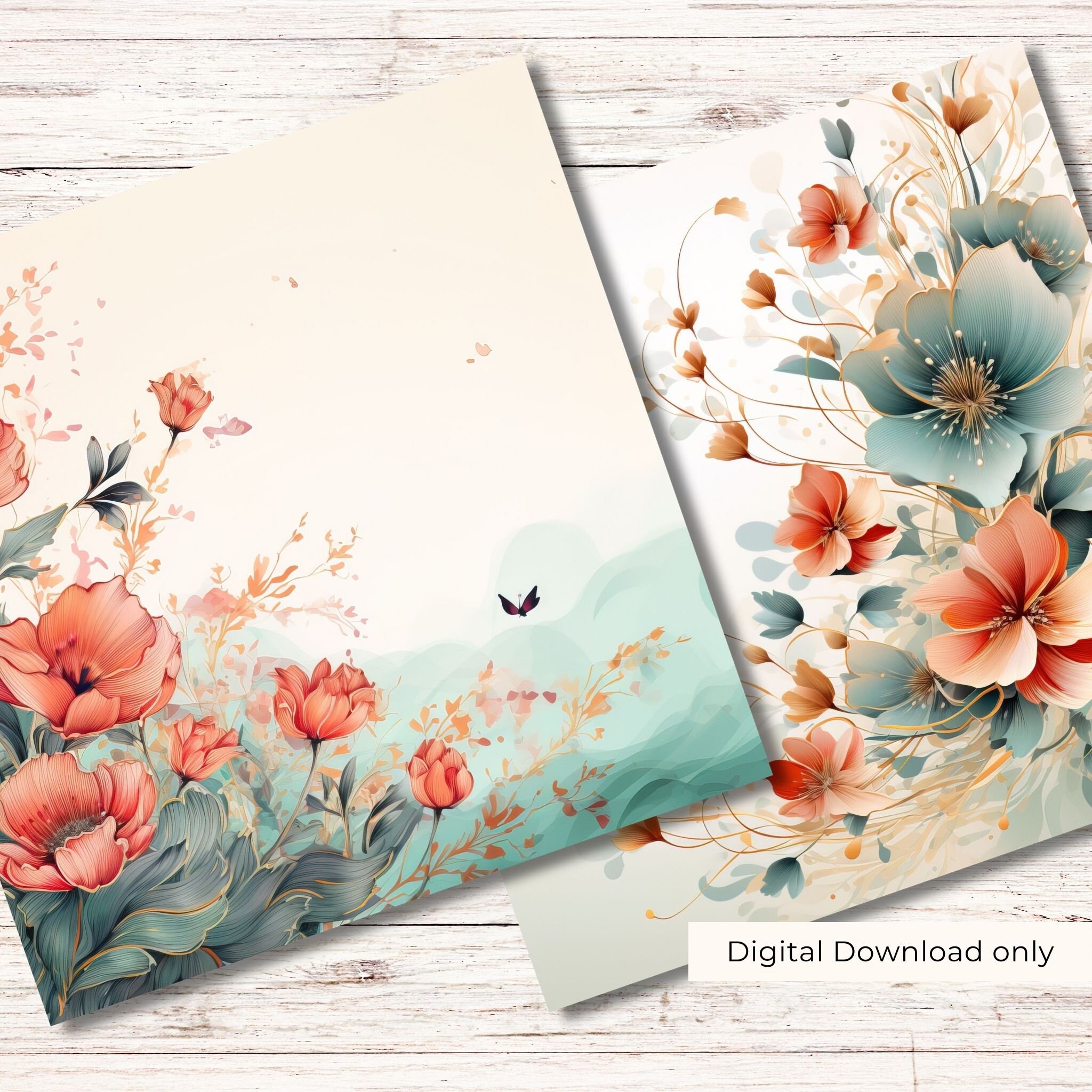 Soft Coral Floral Digital Paper, Floral Background Graphics, Watercolor ...