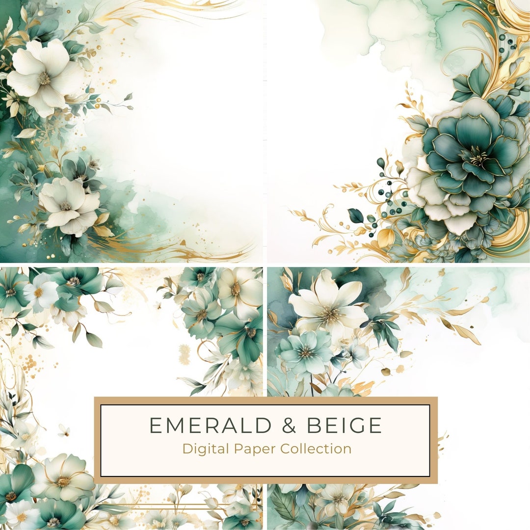 Emerald Floral Digital Paper: Watercolor Flower Graphics (JPG, 300 DPI ...