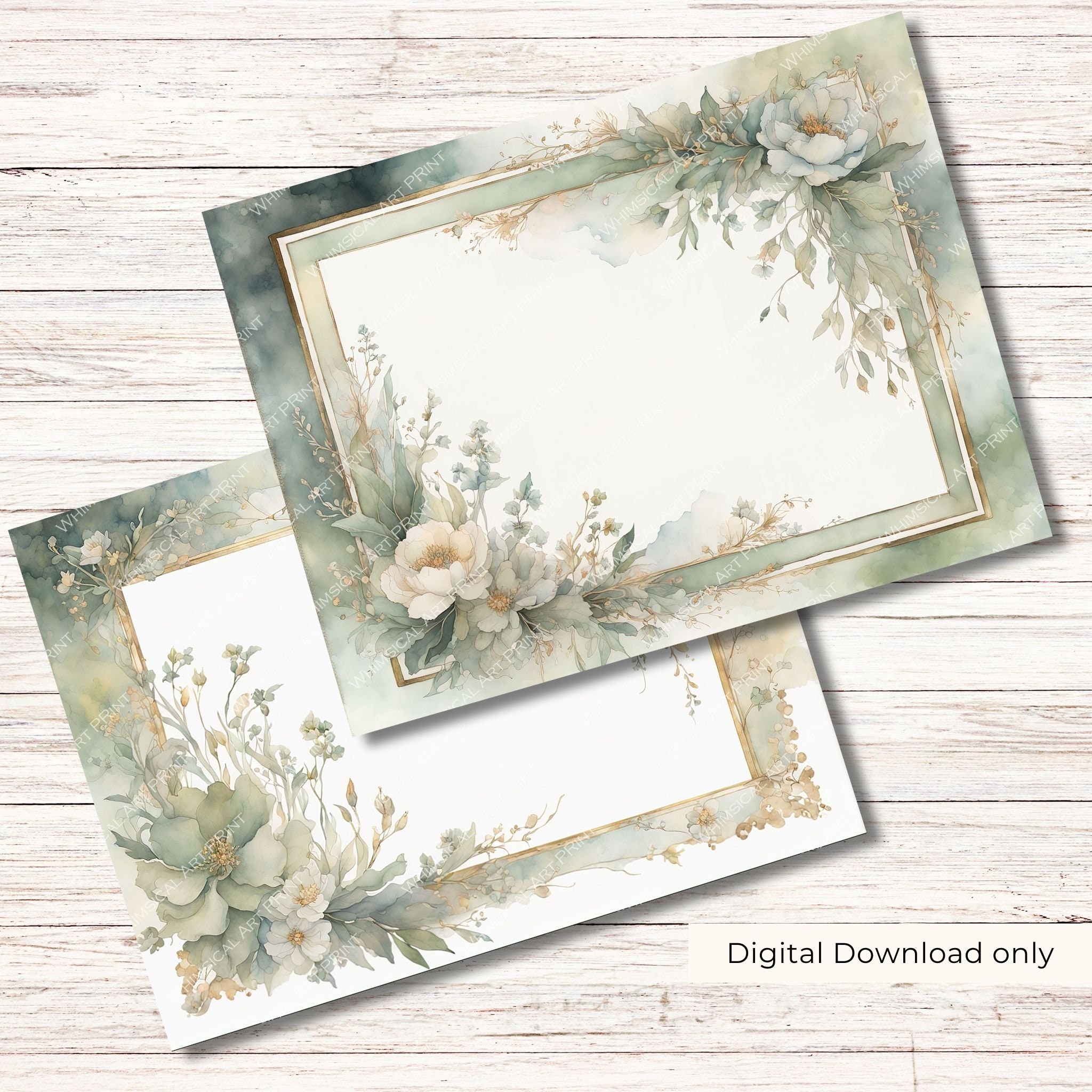 Calming Sage Watercolor Floral Frame Digital Paper Pack, Soft Sage ...