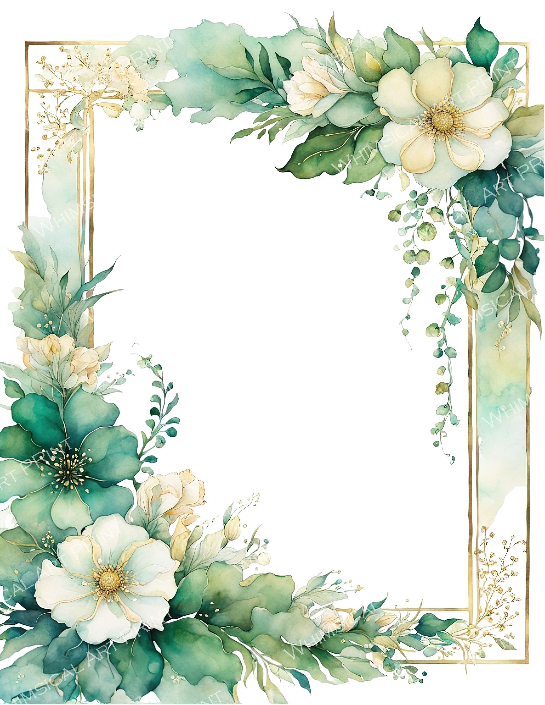 Emerald Green Floral Frame: Botanical Watercolor Art (10 Jpgs Digital ...