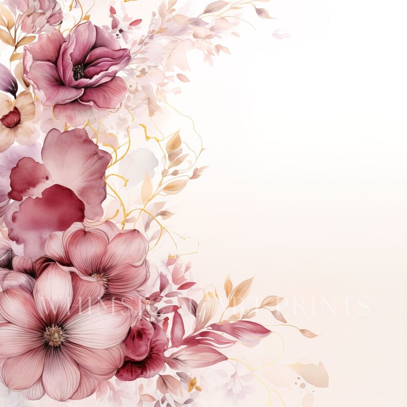 Maroon & Ivory Digital Paper, Floral Background Graphics, Watercolor ...