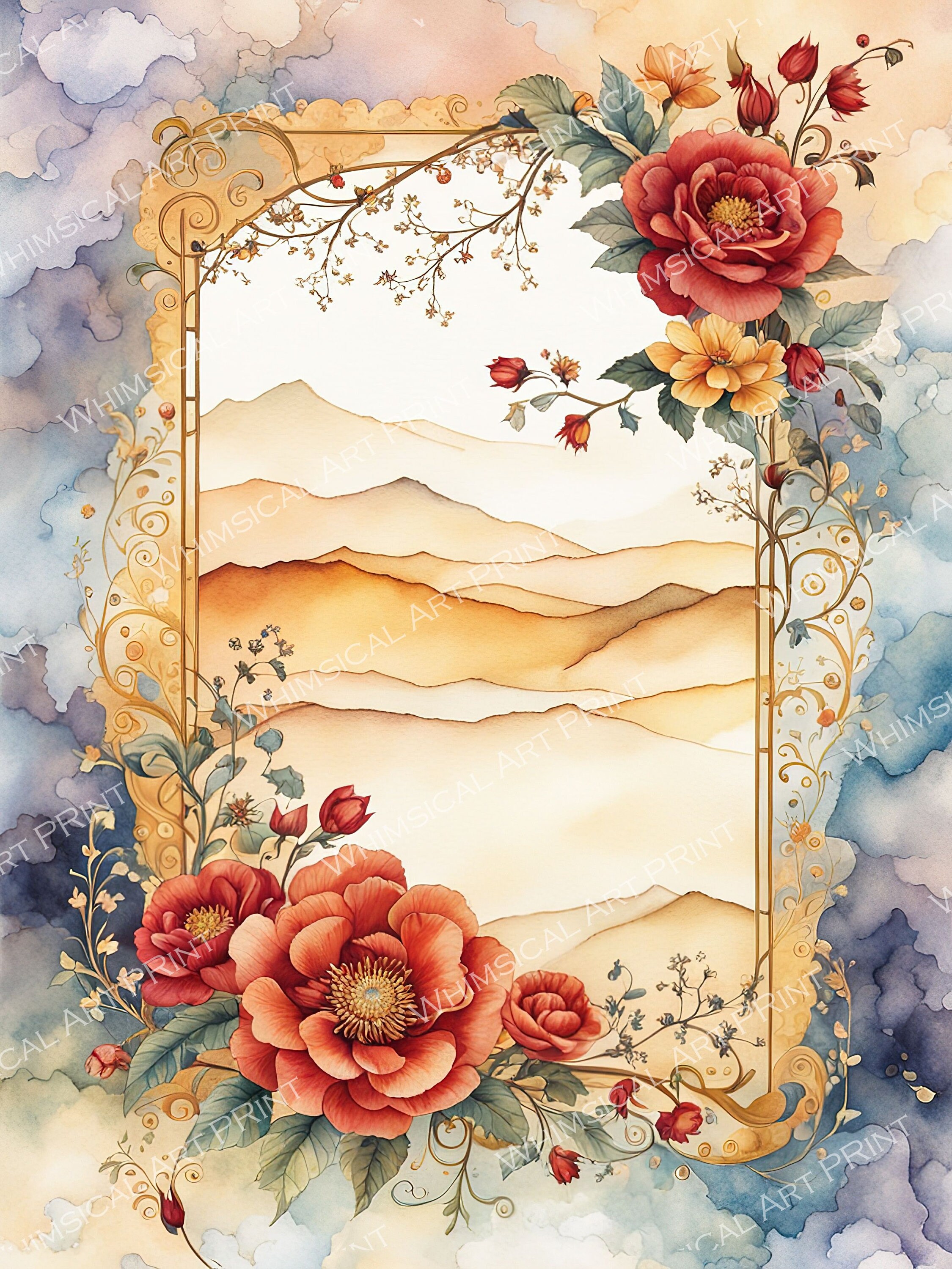 Watercolor Red and Orange Floral Border Digital Paper Pack, Botanical ...