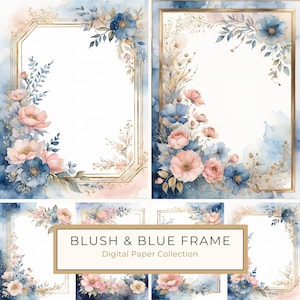 Watercolor Pink and Blue Pastel Border Digital Paper, Botanical Frame ...