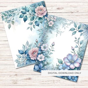 Watercolor Floral Frame Digital Paper Set in Soft Blue & Pink Hues, 10 ...