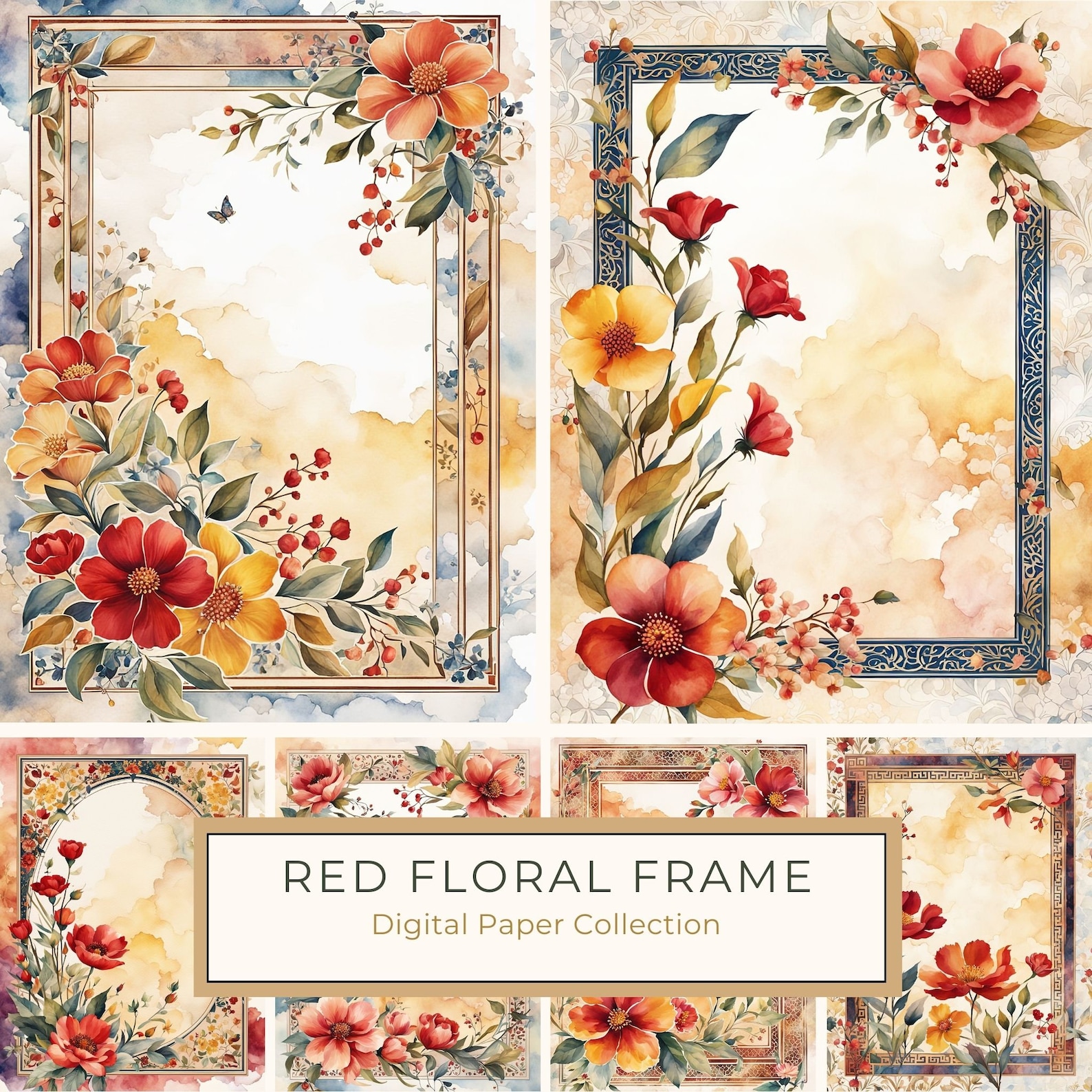 Watercolor Floral Border Digital Paper: Red & Orange Botanical Frames ...