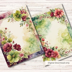 Watercolor Floral Page Frame Digital Paper Pack, Burgundy Flowers ...