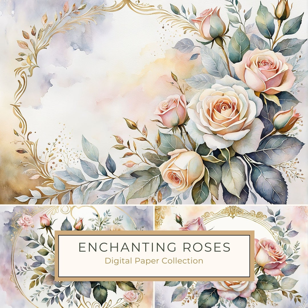 Watercolor White Roses Digital Paper Pack, Ombre Background, Page ...