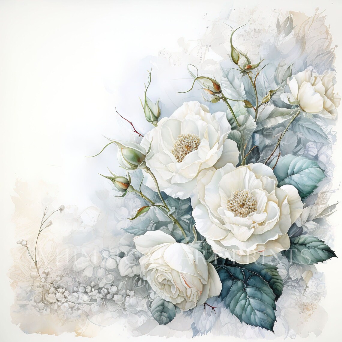 Romantic White Roses Digital Paper, Background Graphics, Watercolor ...