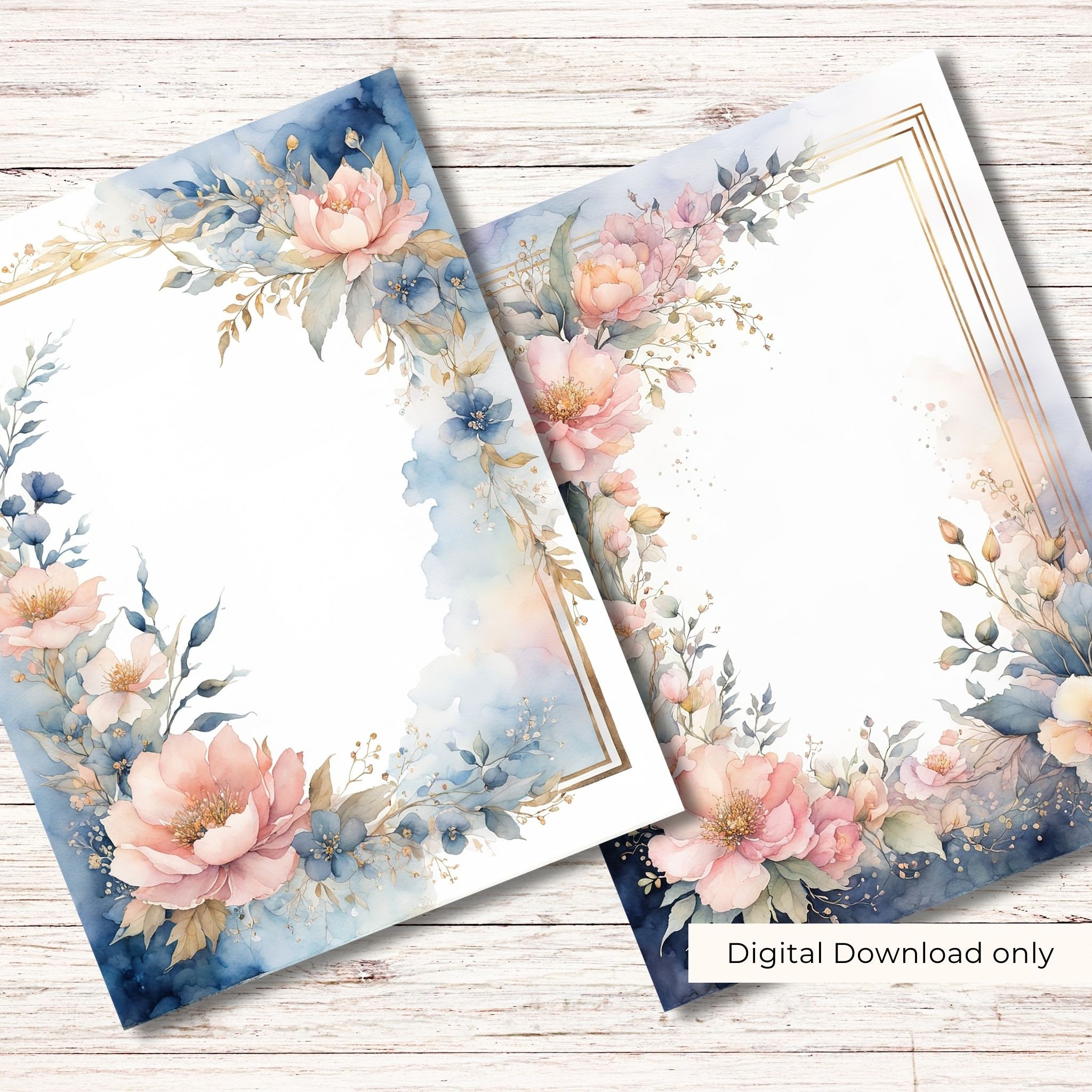 Watercolor Pink and Blue Pastel Border Digital Paper, Botanical Frame ...