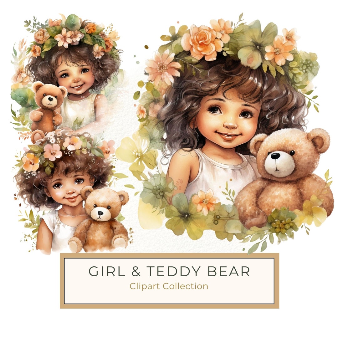 Cute Girl Teddy Bear Clipart, Watercolor Style Illustration, Happy Girl ...