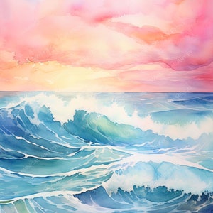 Beautiful Ocean Waves Background Art Printable, Rough Seas Watercolor ...