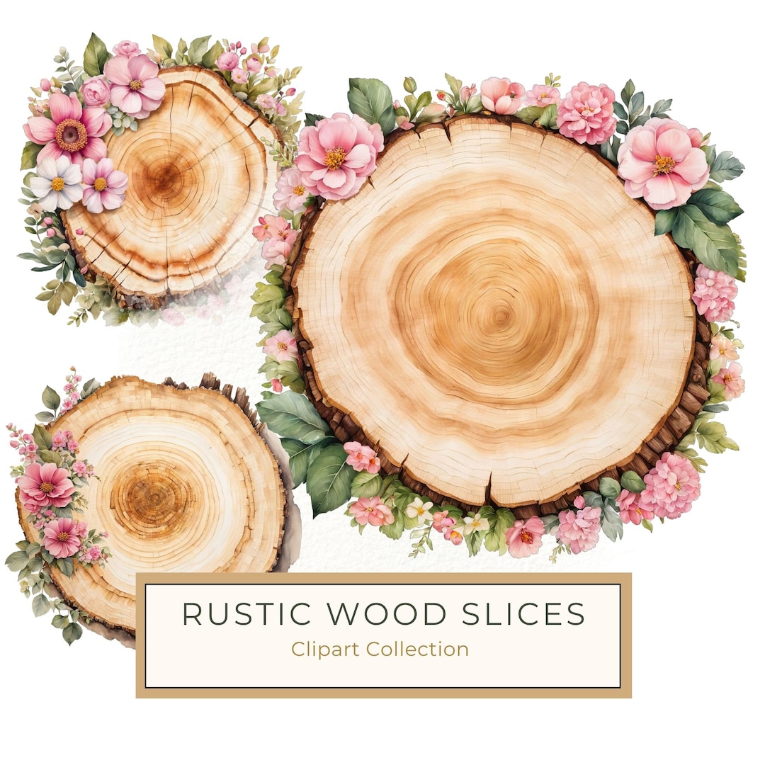 Watercolor Floral Wood Slice Clipart: Pink PNG Graphics (commercial Use ...