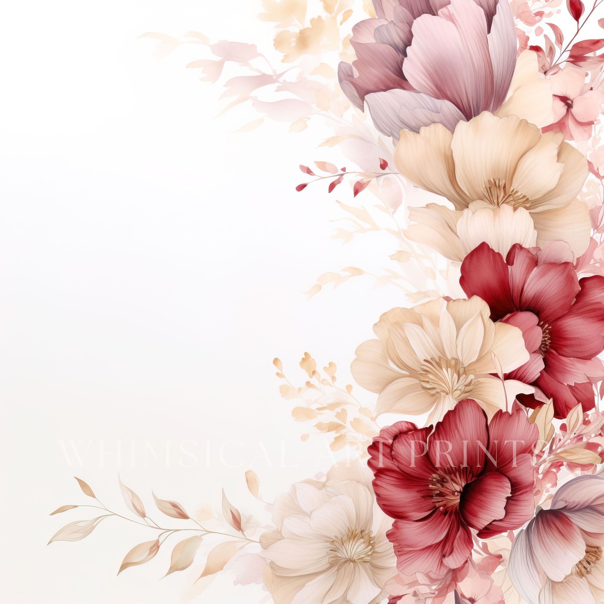 Maroon & Ivory Digital Paper, Floral Background Graphics, Watercolor ...