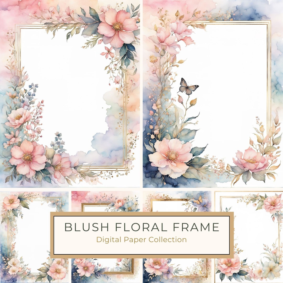 Watercolor Pink and Blue Pastel Border Digital Paper, Botanical Frame ...