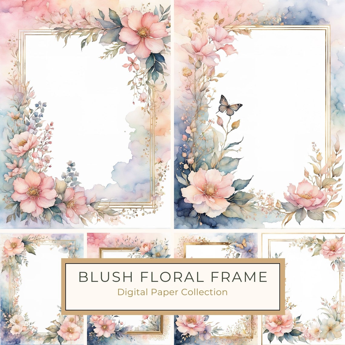 Watercolor Floral Frame Digital Paper: Pink & Blue Botanical Art (10 ...