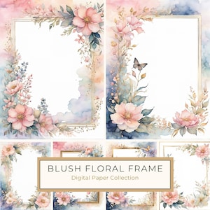 Watercolor Pink and Blue Pastel Border Digital Paper, Botanical Frame ...