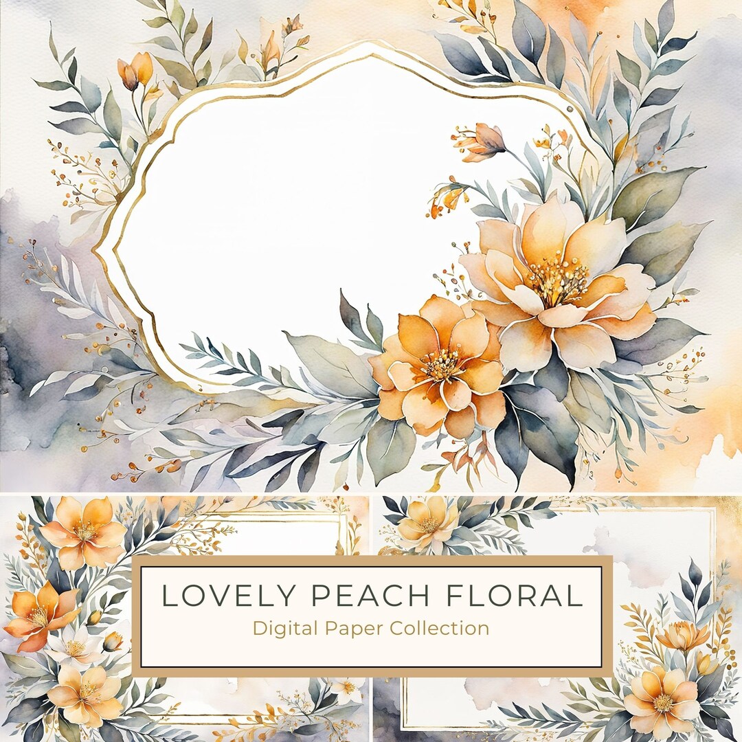 Watercolor Peach Floral Digital Paper: Scrapbook Page Frames (10 Jpgs ...