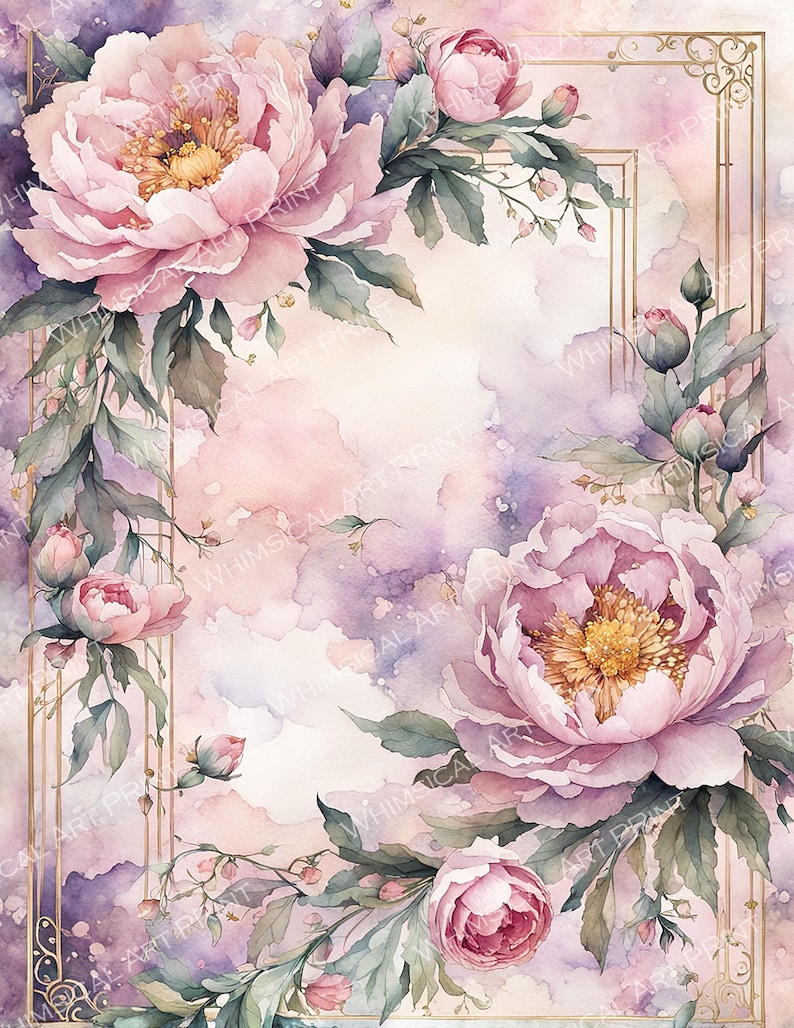 Watercolor Peony Frame Set: Pink Floral Borders, Romantic Backgrounds ...
