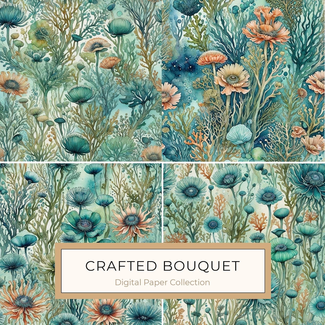 Watercolor Coral Digital Paper: Aqua Green Floral Elements (10 JPG ...