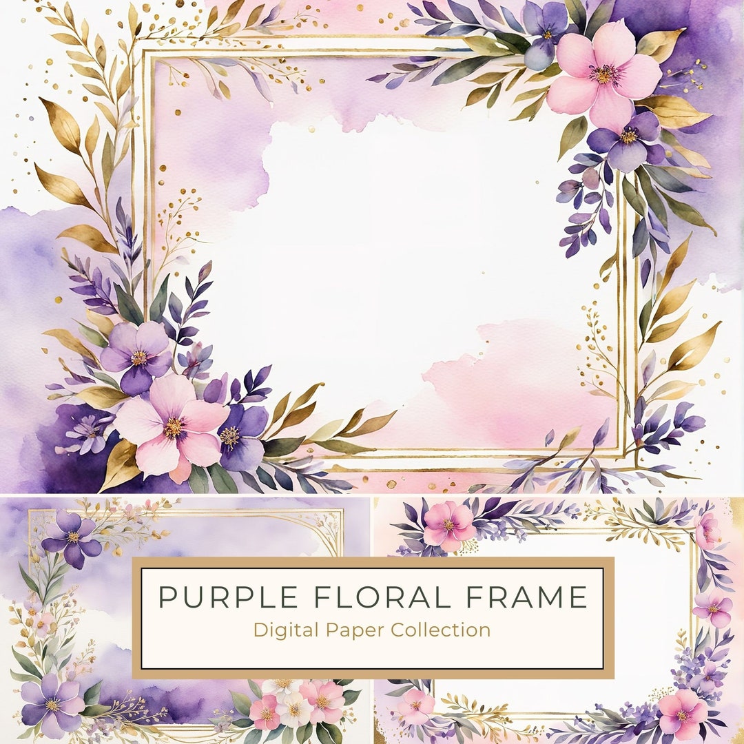 Watercolor Purple Floral Digital Paper Pack, White Background, Page ...