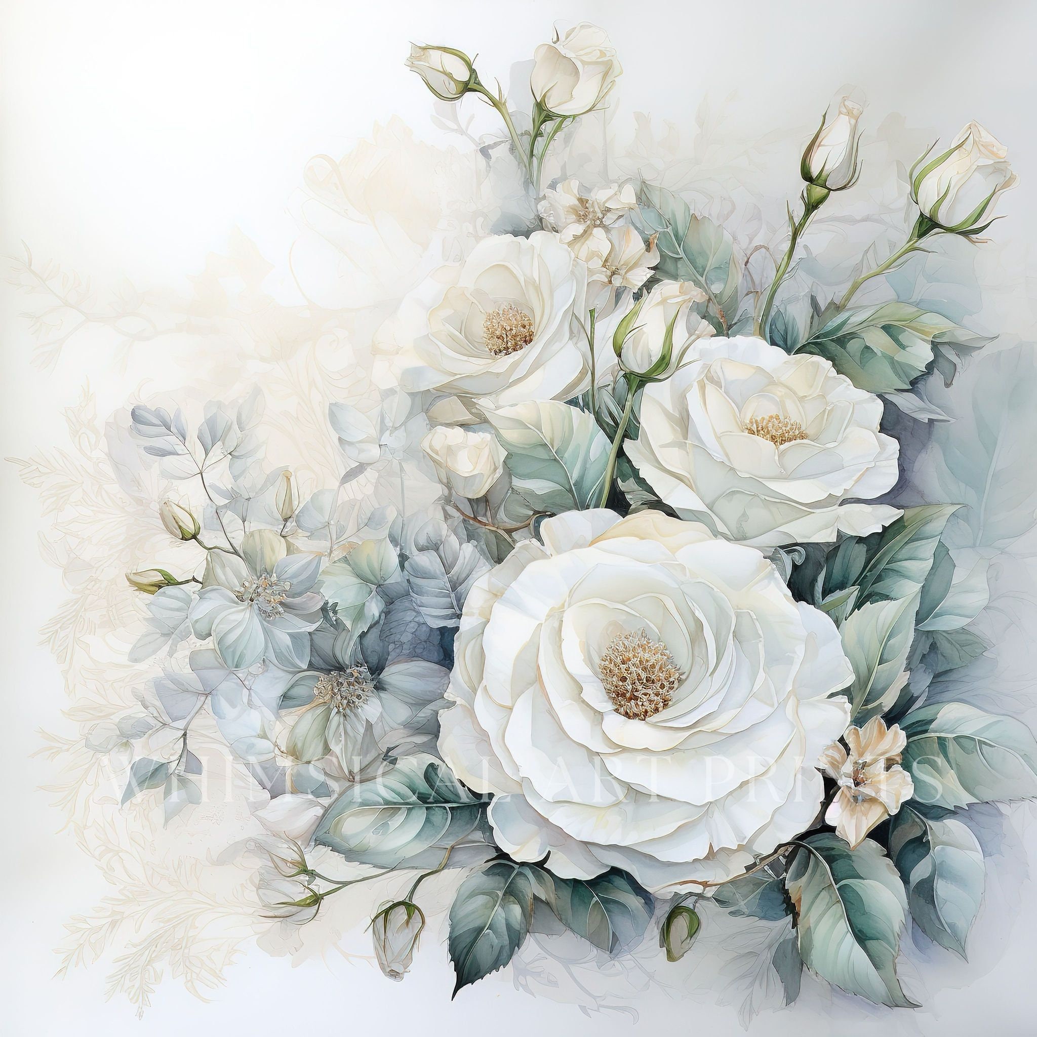 Romantic White Roses Digital Paper, Background Graphics, Watercolor ...