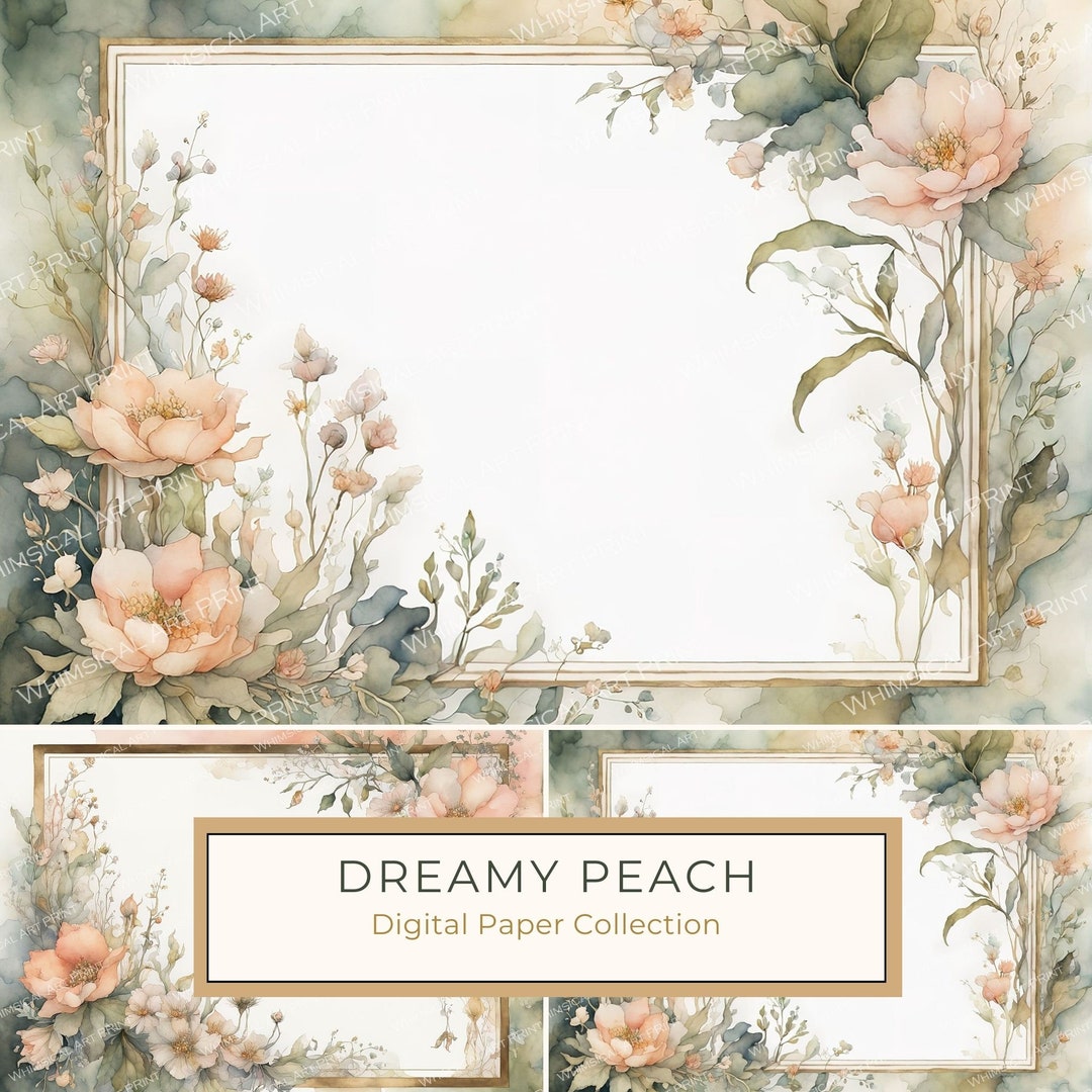 Watercolor Floral Frame Digital Paper: Peach & Sage (10 Jpgs Digital ...