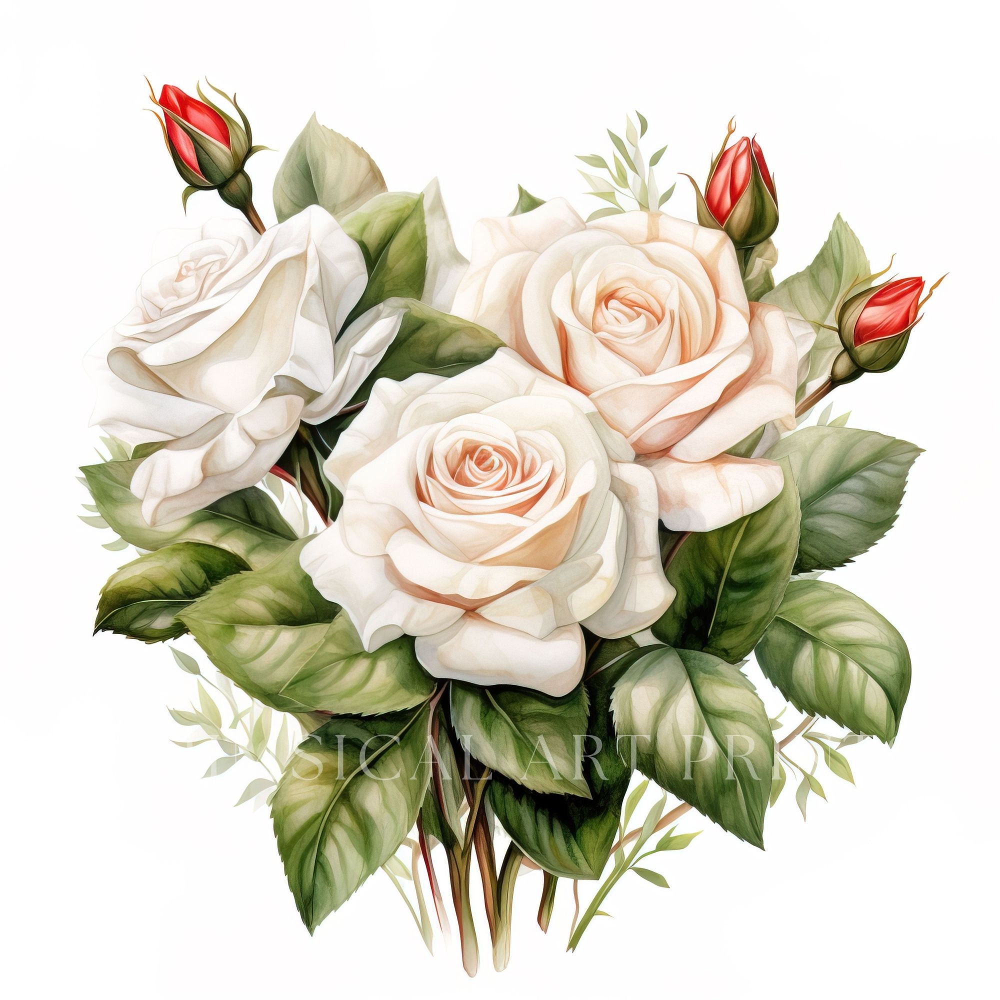 White Rose Clipart, Roses Bouquet Clipart, Watercolor White Roses ...