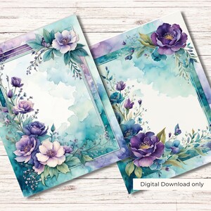 Watercolor Violet Floral Frame Digital Paper Pack, Deep Teal Accents ...