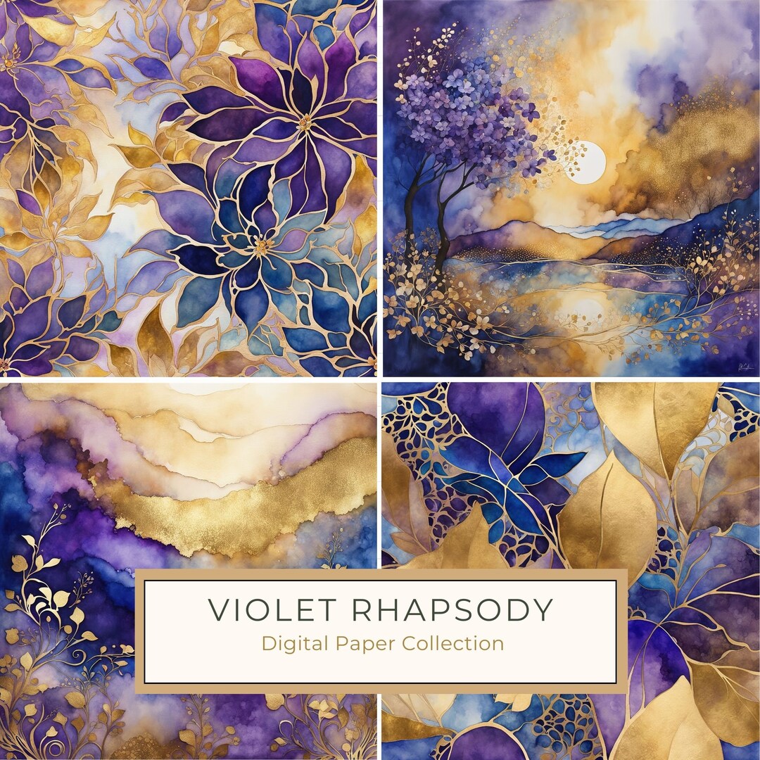 Violet Rhapsody Abstract Floral Digital Paper Set, Gold Foil With Royal ...
