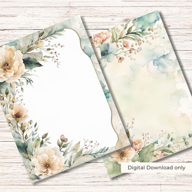 Watercolor Floral Frame Digital Paper: Sage Green & Beige (10 JPG ...