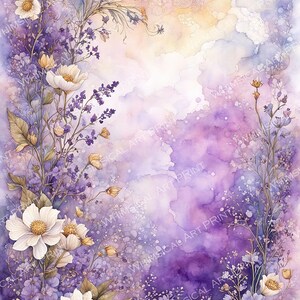 Watercolor Purple Floral Digital Paper: Gold Accents (10 JPG ...