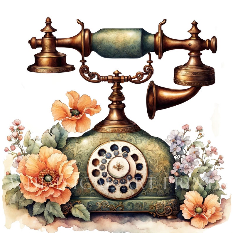 Watercolor Antique Telephones With Flowers: Boho Telephone Clipart ...