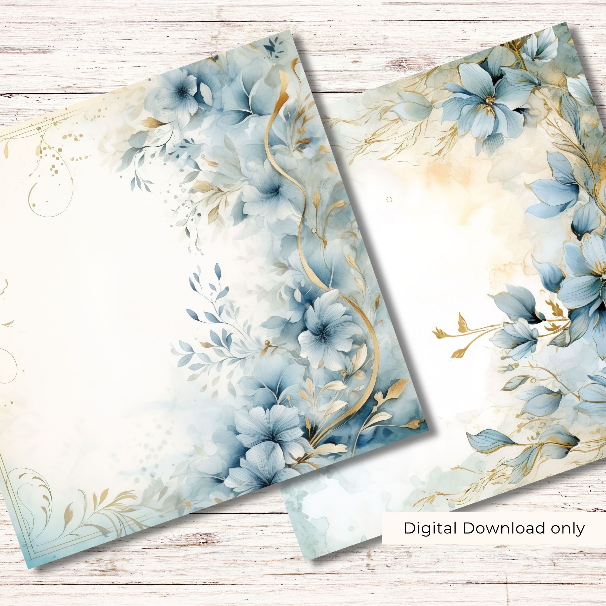 Dusty Blue Floral Digital Paper: Watercolor Flower Graphics (JPG, 300 ...