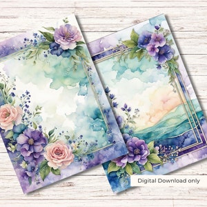 Watercolor Purple Floral Frame Digital Paper Pack, Deep Teal Accents ...