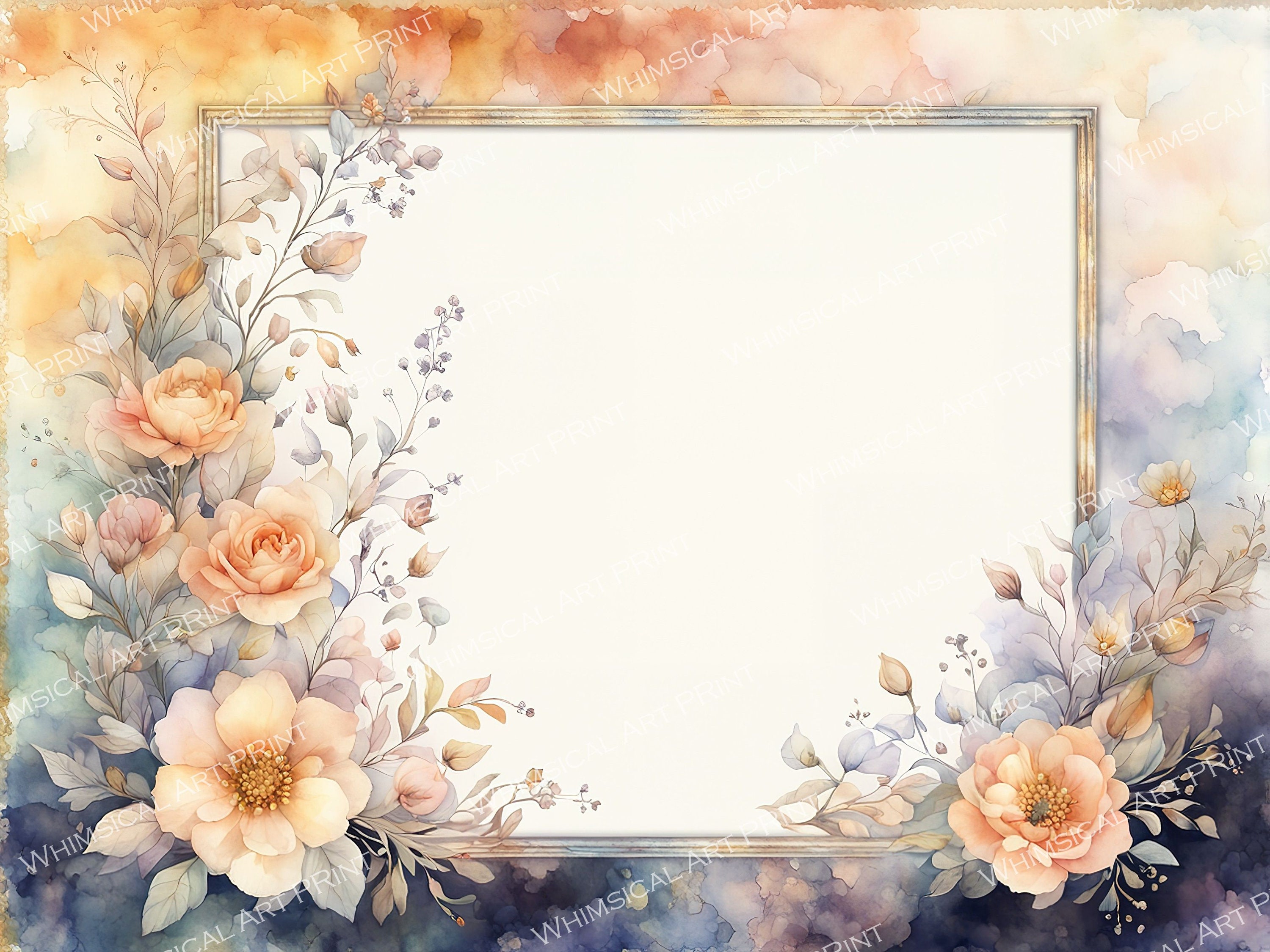 Watercolor Floral Frame Digital Paper: Amber & Silver Borders (digital ...