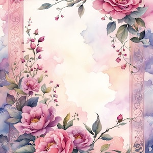 Watercolor Floral Frame Digital Paper: Pink & Mauve Botanical Borders ...