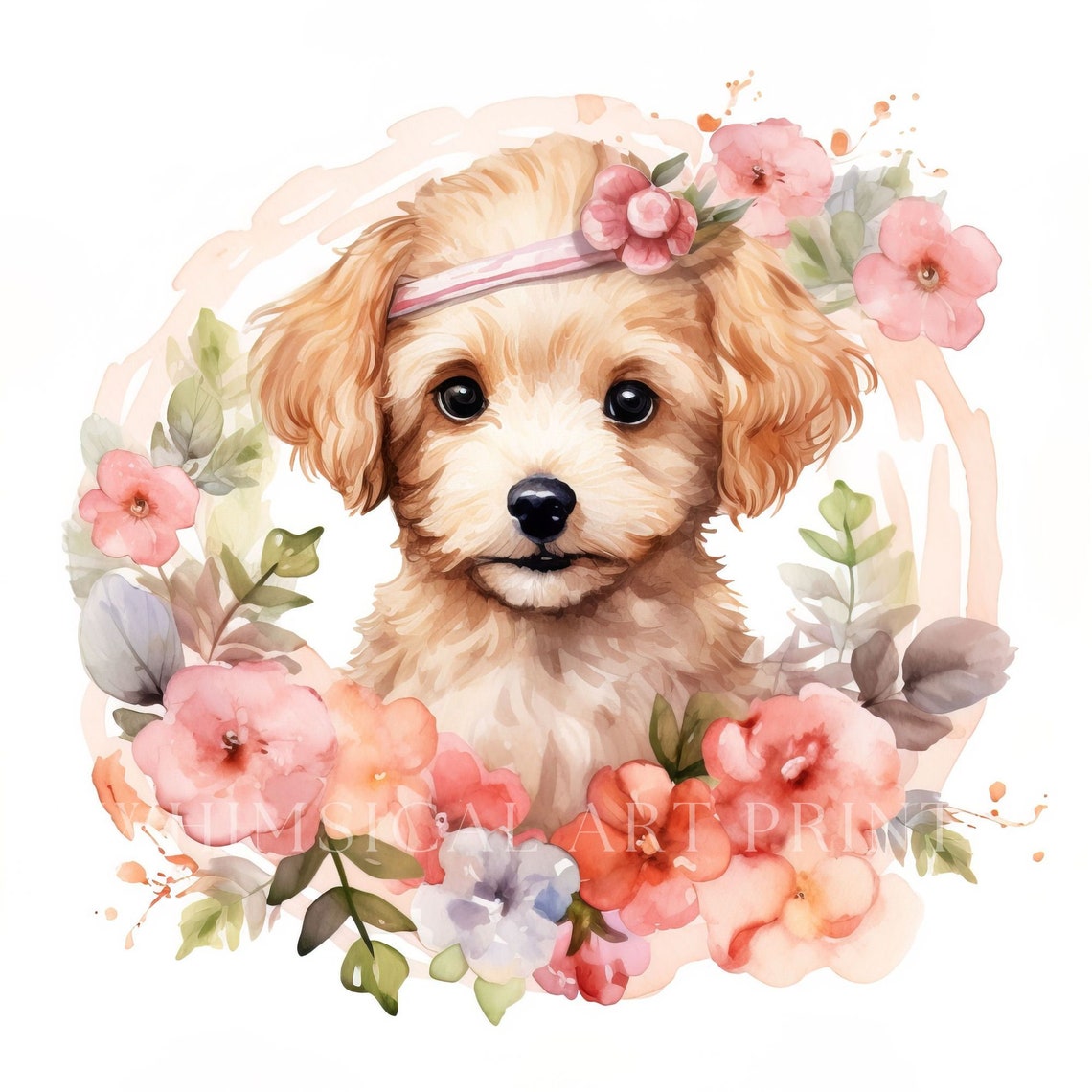 Poodle Puppy Clipart, Puppy in a Wreath, Watercolor Style Floral Art ...