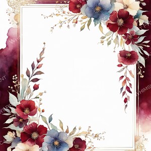 Watercolor Burgundy Pastel Floral Border Digital Paper, Botanical Frame ...