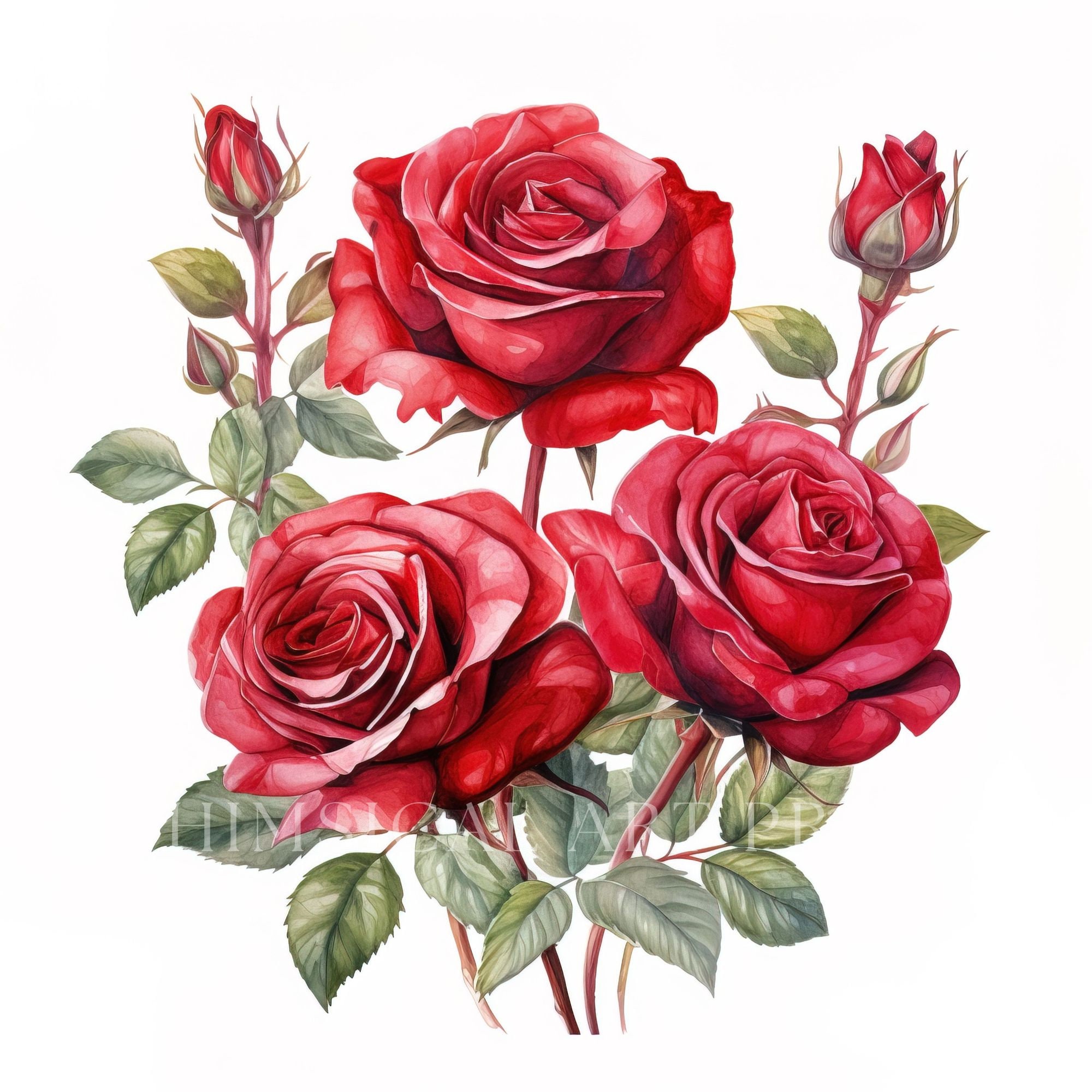 Red Roses Bouquet Clipart, Realistic Watercolor Red Roses PNG, Wedding ...