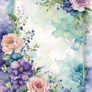 Watercolor Purple Floral Frame Digital Paper Pack, Deep Teal Accents ...